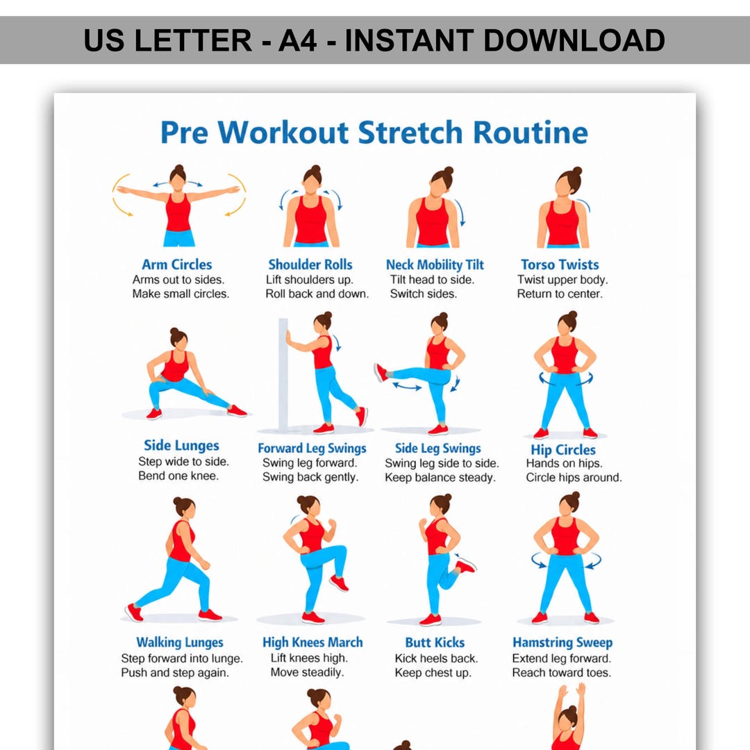 Pre-workout Stretch Routine Chart | Dynamic Warm-up Exercises (PDF ...