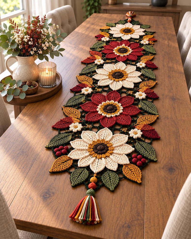 Crochet Sunflower Table Runner Pattern PDF, Autumn Floral Decor ...