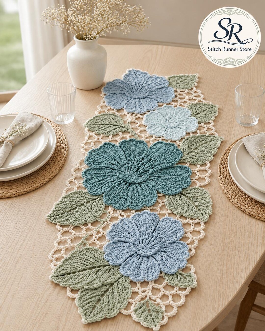 Crochet Table Runner Pattern, Blue Floral Lace, Flower Applique ...