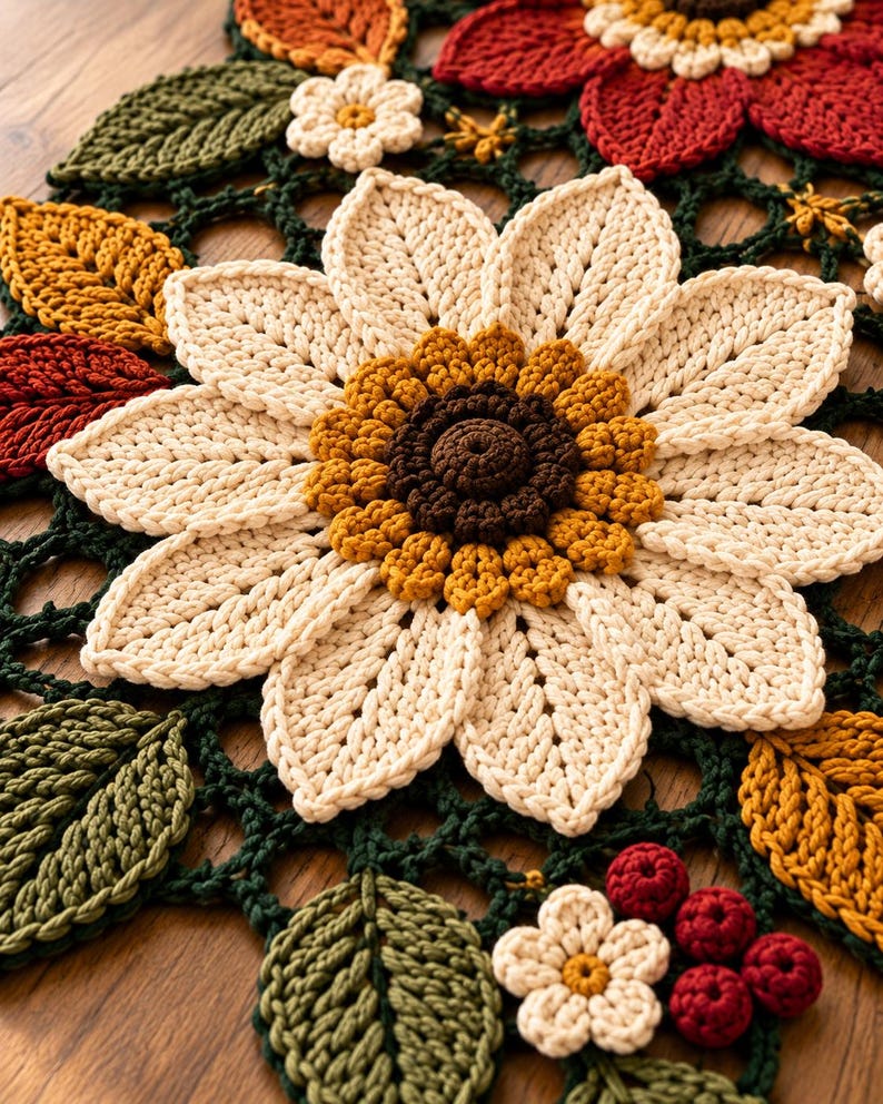 Crochet Sunflower Table Runner Pattern PDF, Autumn Floral Decor ...