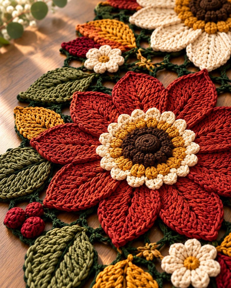 Crochet Sunflower Table Runner Pattern PDF, Autumn Floral Decor ...