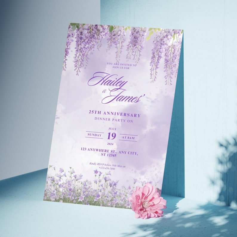 Editable 25th Anniversary Invitation Template, Purple Floral Silver ...
