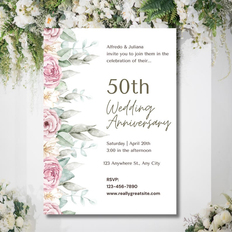 50th Wedding Anniversary Invitation Bundle, Dusty Pink Floral, Golden ...