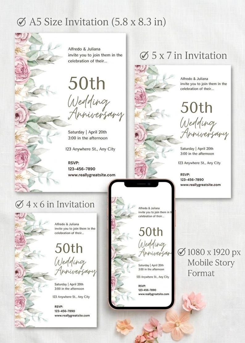 50th Wedding Anniversary Invitation Bundle, Dusty Pink Floral, Golden ...