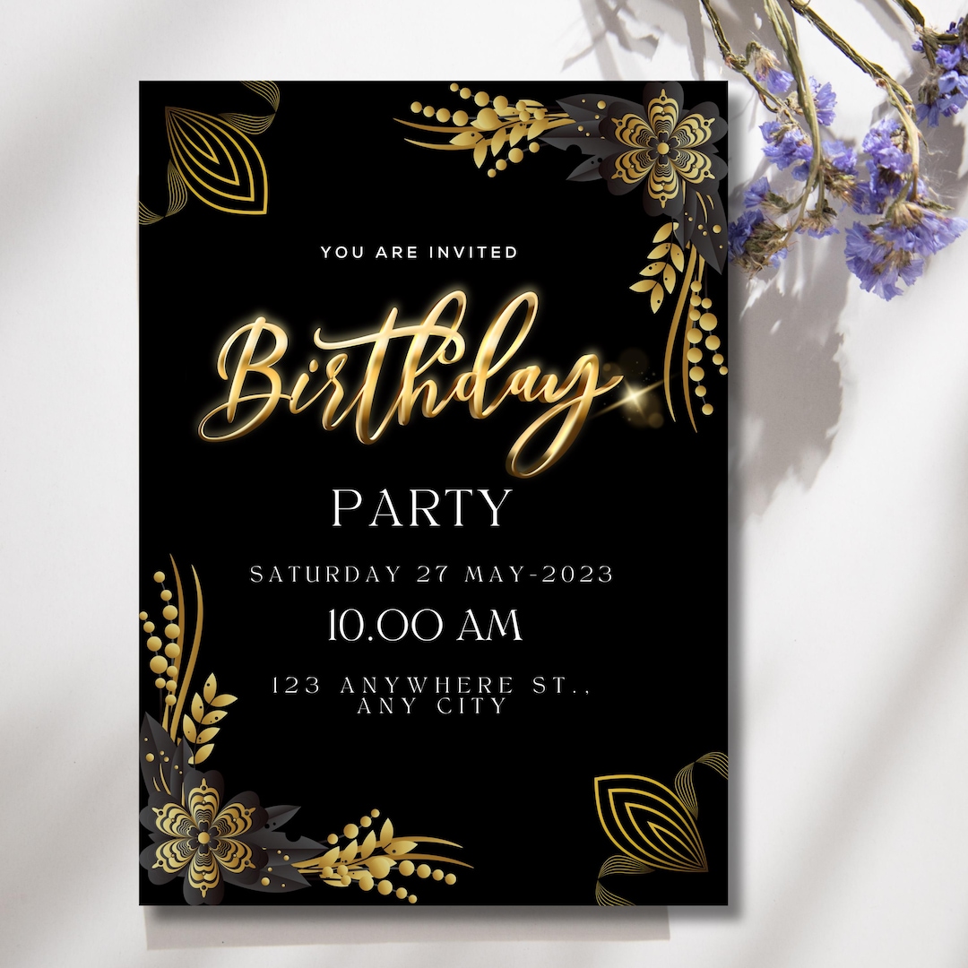 4 Sizes Luxury Birthday Invitation Template Bundle, Elegant Black and ...
