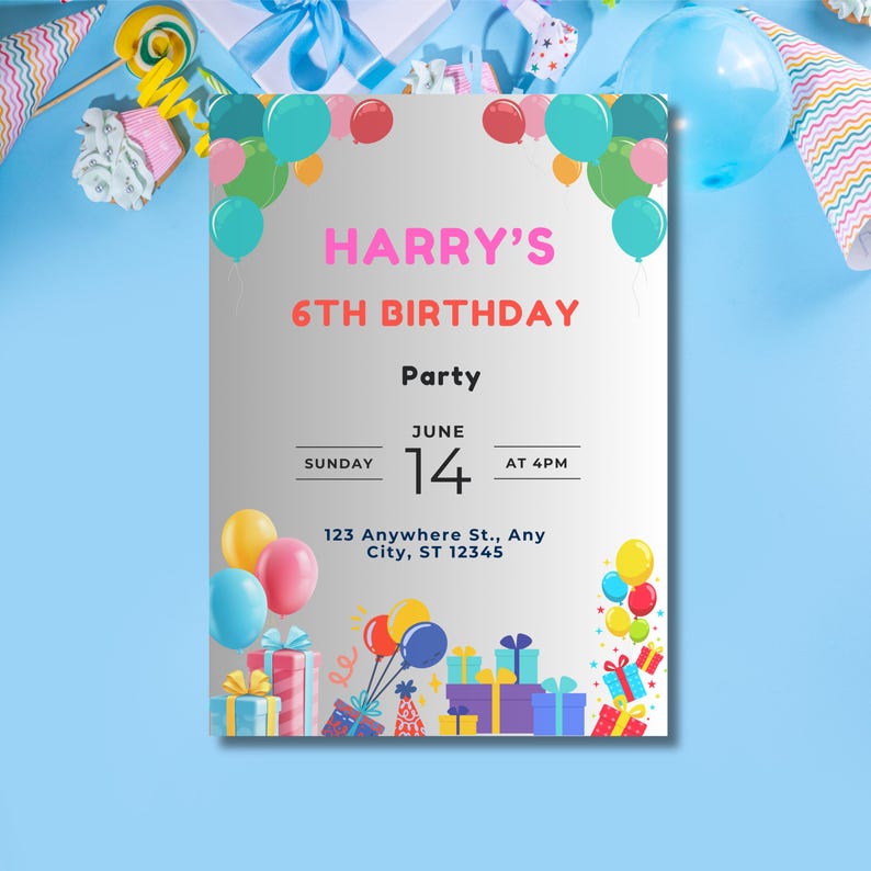 Kids 6th Birthday Invitation Template Bundle, Editable Balloon Party ...