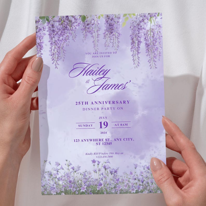 Editable 25th Anniversary Invitation Template, Purple Floral Silver ...