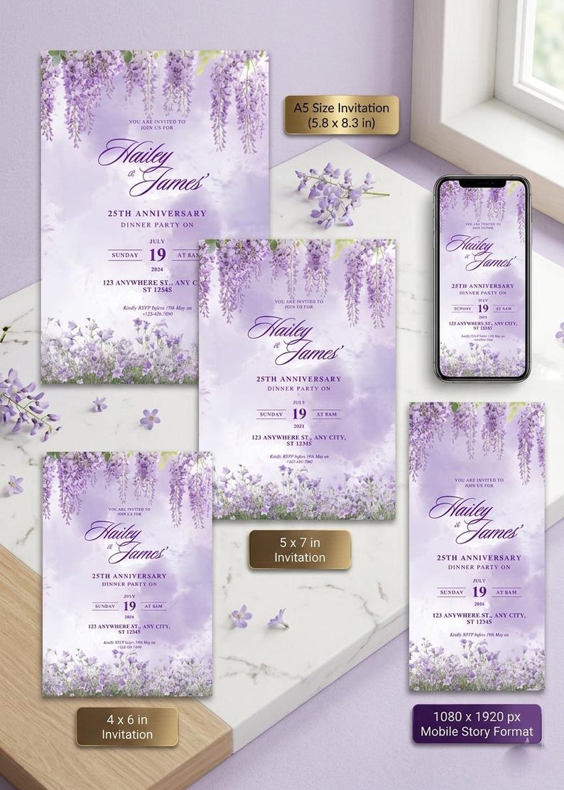 Editable 25th Anniversary Invitation Template, Purple Floral Silver ...