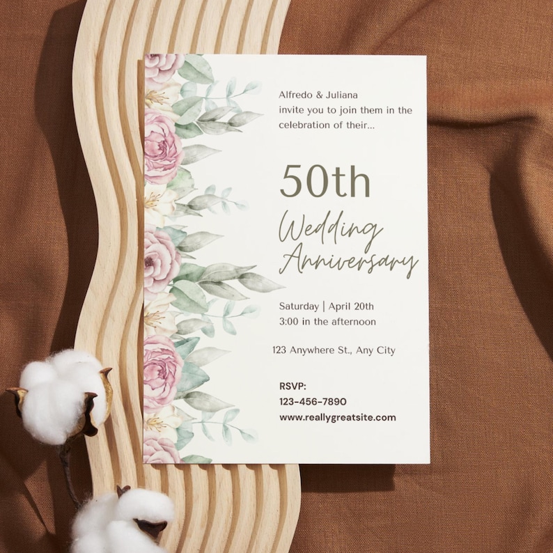 50th Wedding Anniversary Invitation Bundle, Dusty Pink Floral, Golden ...