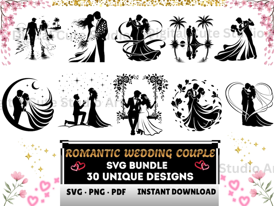 Wedding Couple Dancing SVG Bundle, Bride Groom Silhouette PNG, Love ...