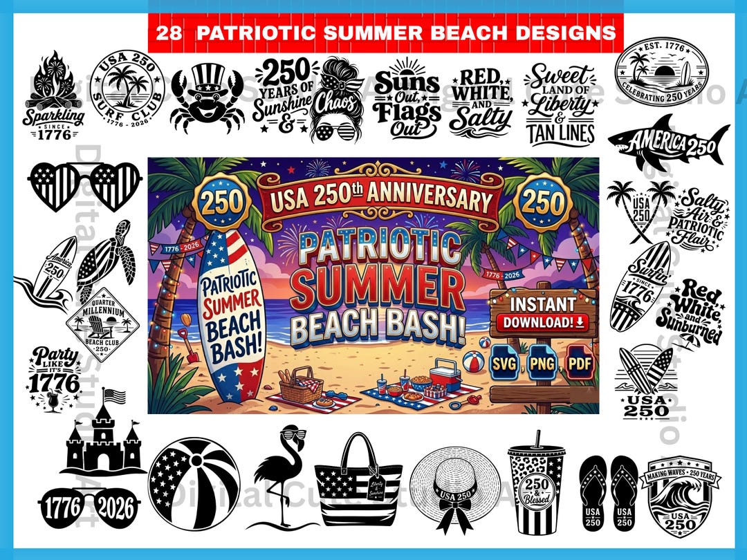 Patriotic Beach Vacation SVG Bundle, Summer USA 250 PNG, Retro America ...