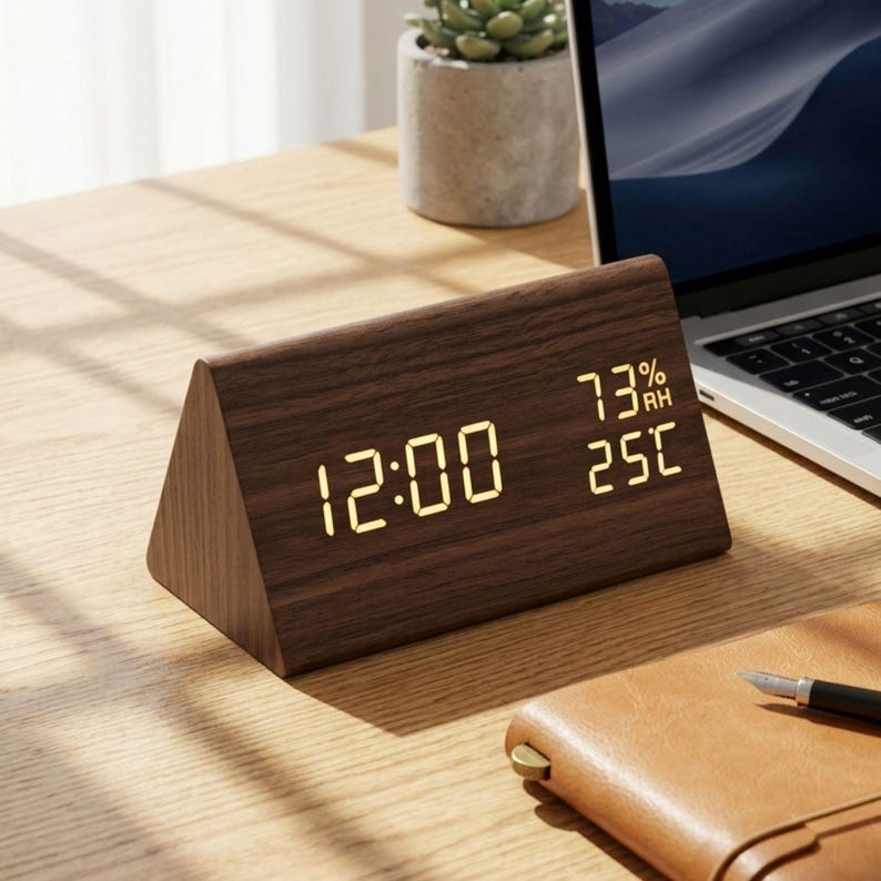 Wooden Triangle Digital Alarm Clock: Minimalist Desk Clock With ...
