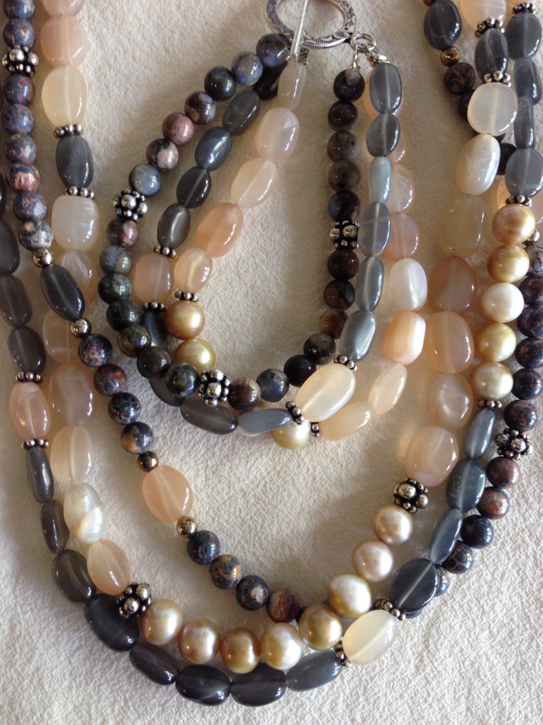 Triple Strand Apricot Moonstone ,grey Moonstone & Jasper Necklace 28 ...