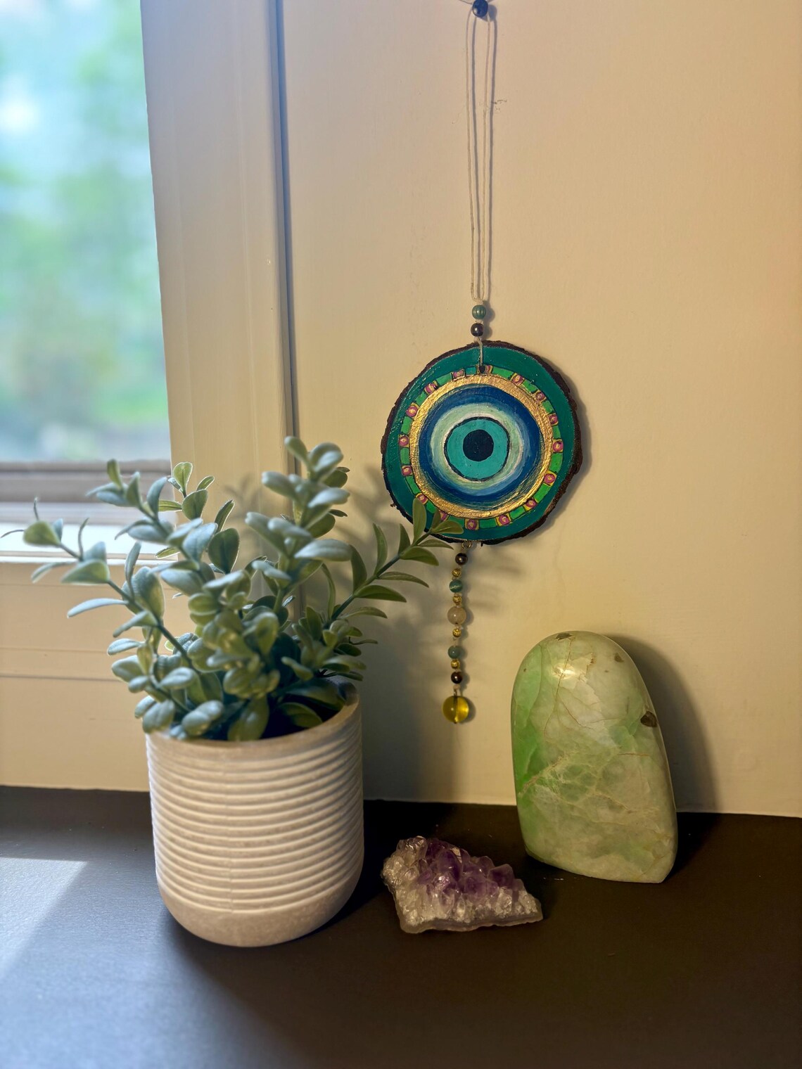 Wooden Evil Eye With Crystal Beads Wall Hanging Original Art - Etsy