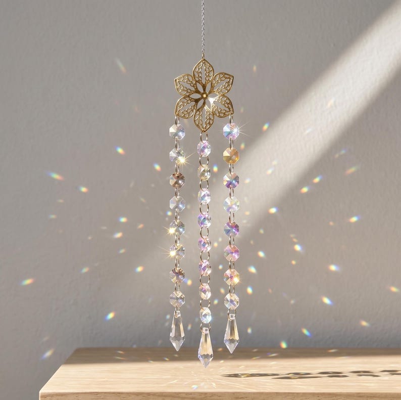 Crystal Suncatcher With Flower Accent, Rainbow Prism Window Decor - Etsy