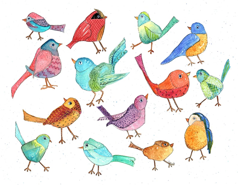 Songbird Watercolor Fine Art Painting. Colorful Whimsical Bird - Etsy