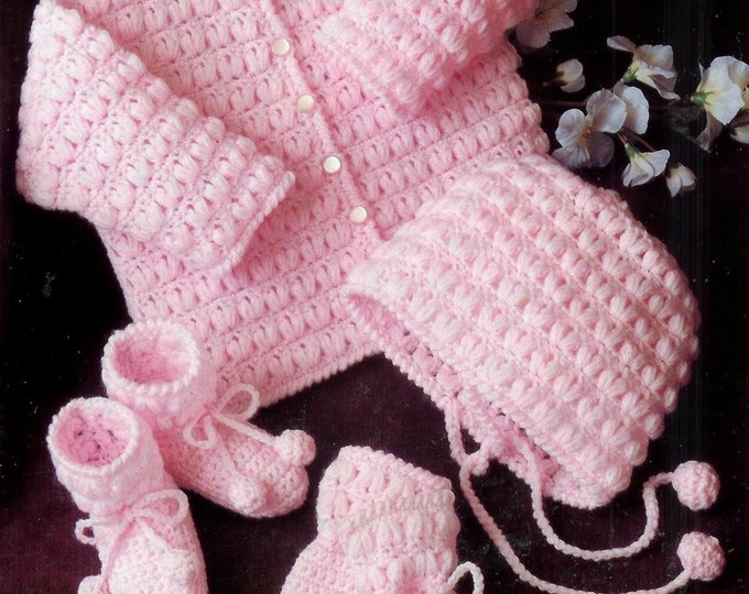 Baby Matinee Jacket, Bonnet Mittens and Bootees Instructions for Dk ...