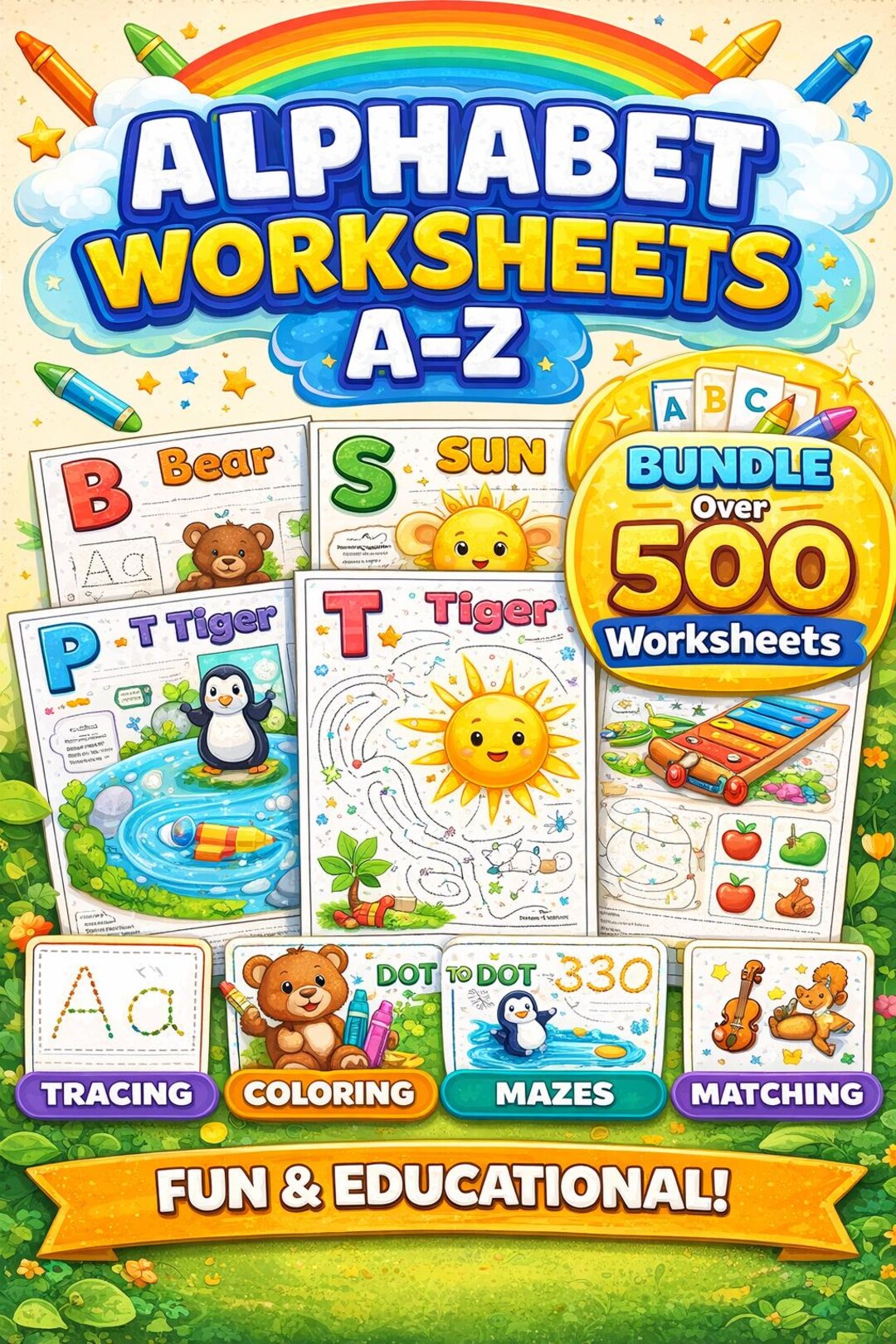 Fun Alphabet Worksheet Bundle for Kids | + 500 Workheets | Tracing ...