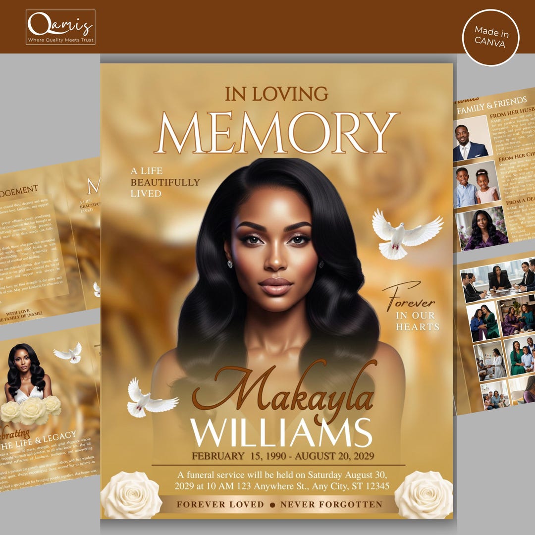 Funeral Program Template, 8 Pages Editable Canva Memorial Booklet ...