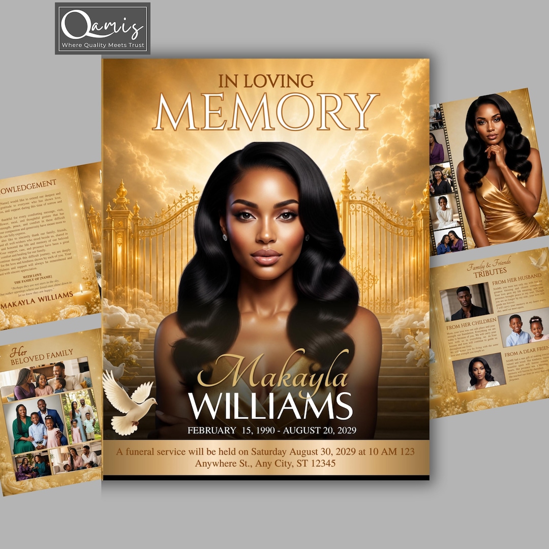Funeral Program Template (golden), 8 Pages Editable Canva Memorial ...