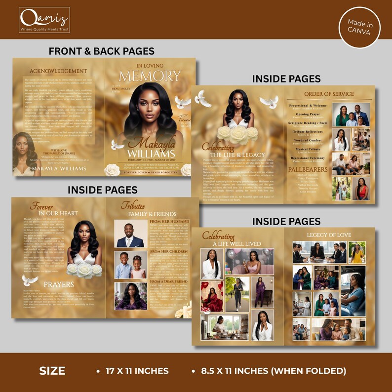 Funeral Program Template, 8 Pages Editable Canva Memorial Booklet ...