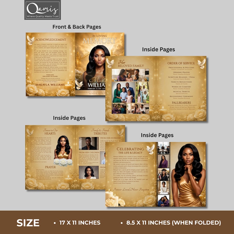 Funeral Program Template (golden), 8 Pages Editable Canva Memorial ...