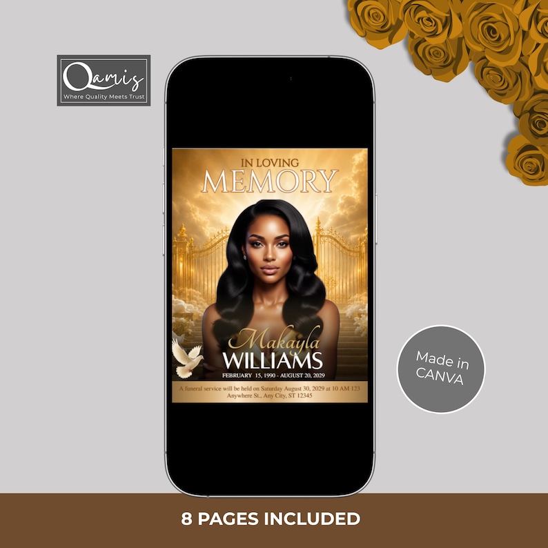 Funeral Program Template (golden), 8 Pages Editable Canva Memorial ...