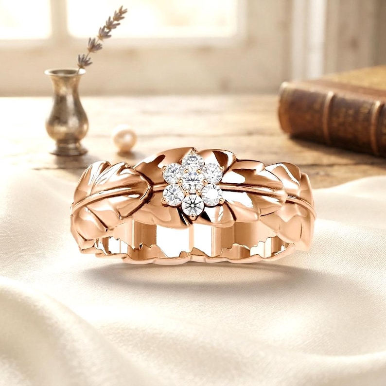 1CT Lab Grown Diamond Cluster Botanical Ring, 14K Gold Leaf Flower Ring ...