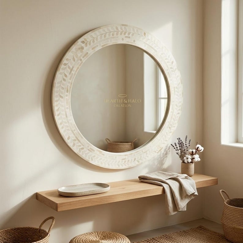 Ivory Bone Inlay Round Mirror | Handcrafted Floral Leaf Wall Decor ...