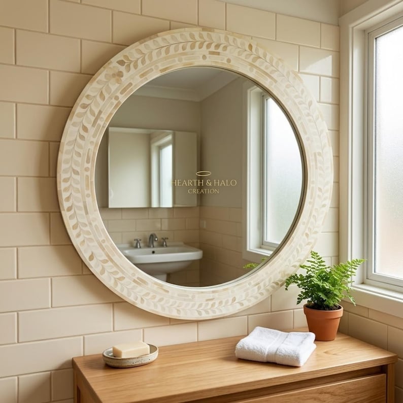 Ivory Bone Inlay Round Mirror | Handcrafted Floral Leaf Wall Decor ...