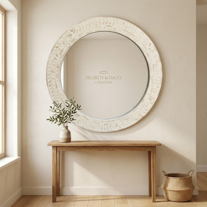 Ivory Bone Inlay Round Mirror | Handcrafted Floral Leaf Wall Decor ...