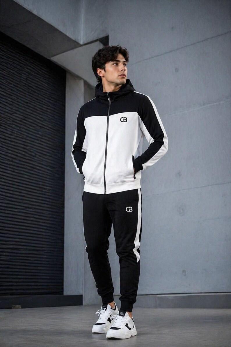 Unisex Black White Tracksuit Set Streetwear Zip Hoodie Jogger Set ...