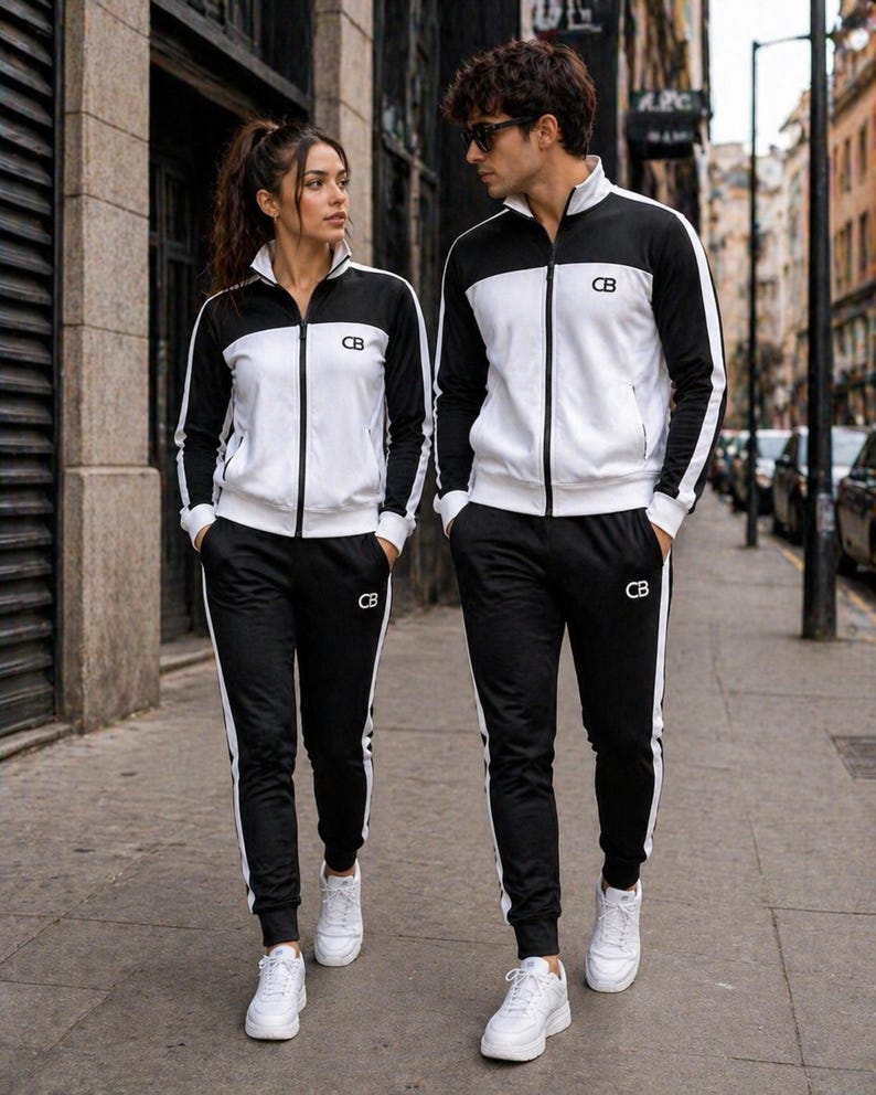 Unisex Black White Tracksuit Set Streetwear Zip Hoodie Jogger Set ...