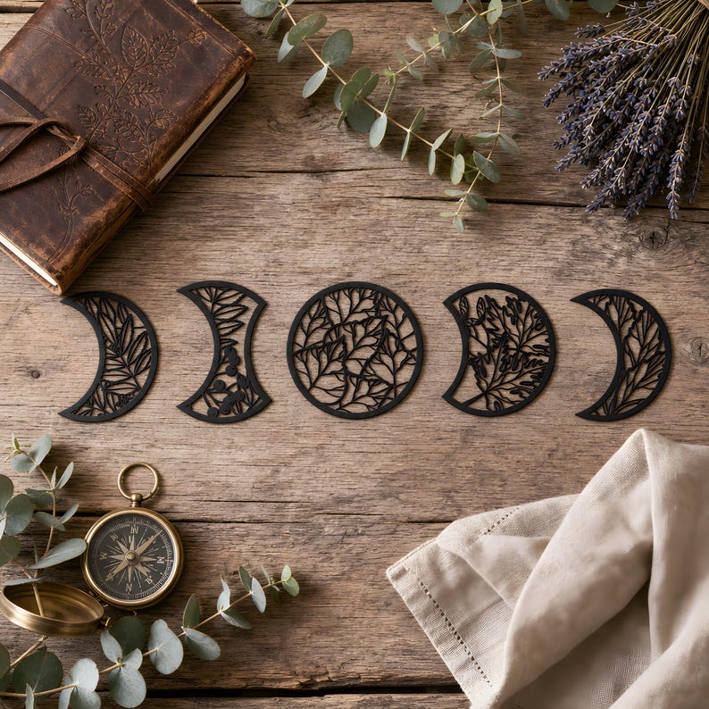 Hand-carved Wood Moon Phase Wall Art – Nordic Bohemian Lunar Cycle ...