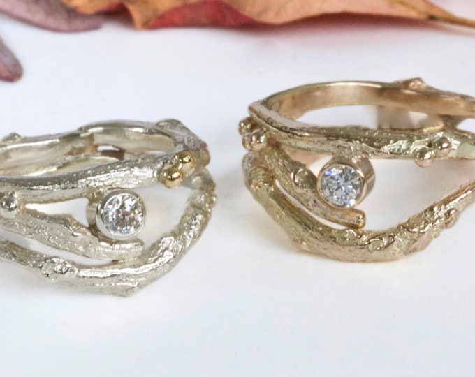 Organic Diamond Engagement and Wedding Ring Set, Gold Twig Engagement ...