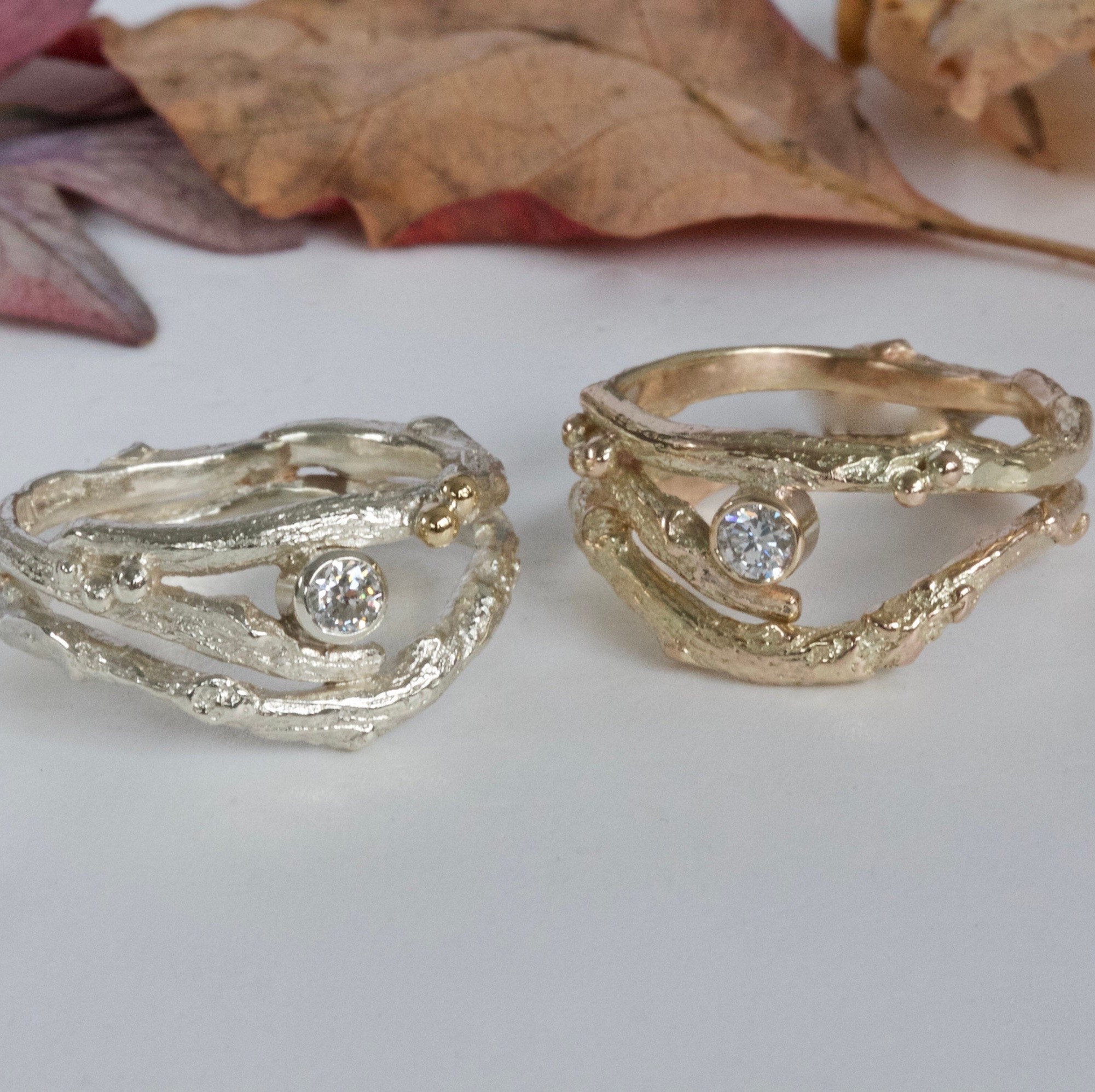 Organic Diamond Engagement and Wedding Ring Set Gold Twig - Etsy UK