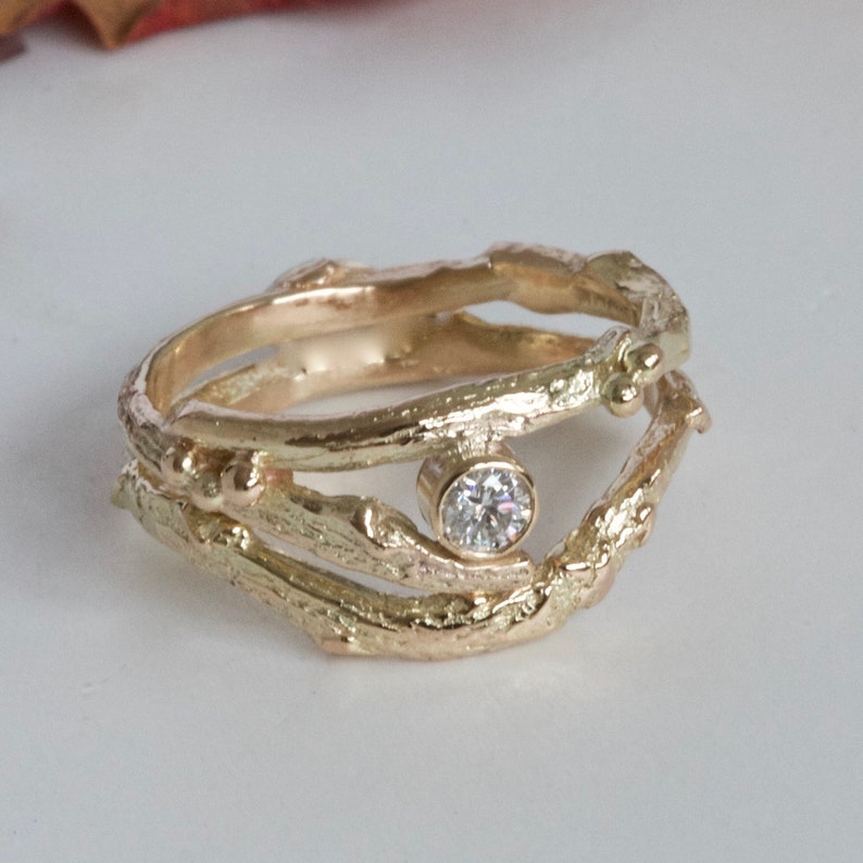Organic Diamond Engagement and Wedding Ring Set Gold Twig - Etsy UK