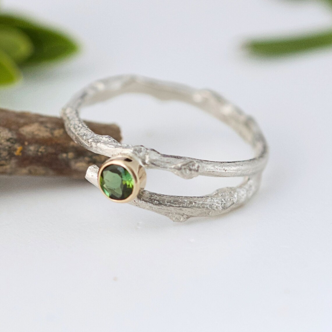 Green Tourmaline Woodland Twig Ring, Alternative Engagement Ring - Etsy