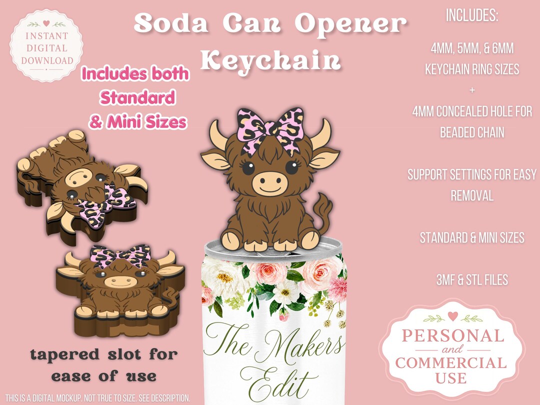 Highland Cow Soda Can Opener Keychain 3D Print File | Leopard Bow STL ...