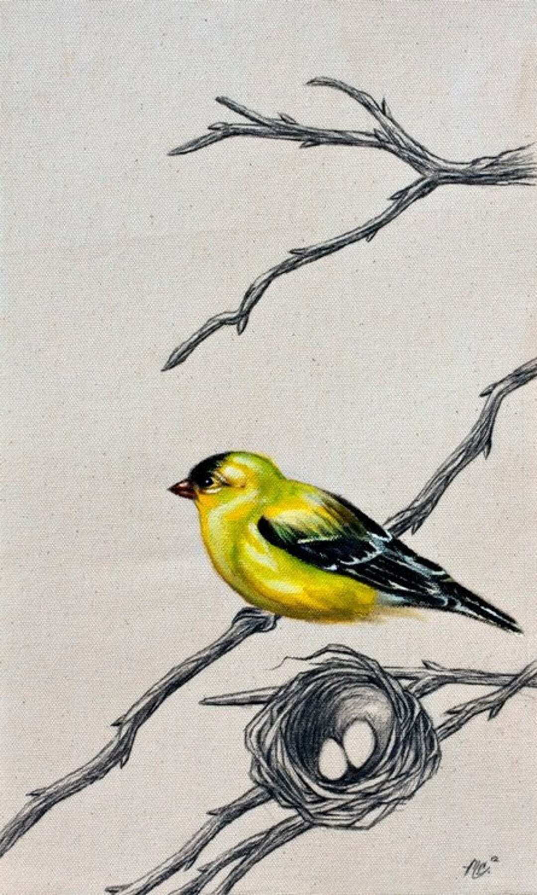 Goldfinch - Acrylic Painted Bird Above Nest With Eggs on Canvas Fabric ...