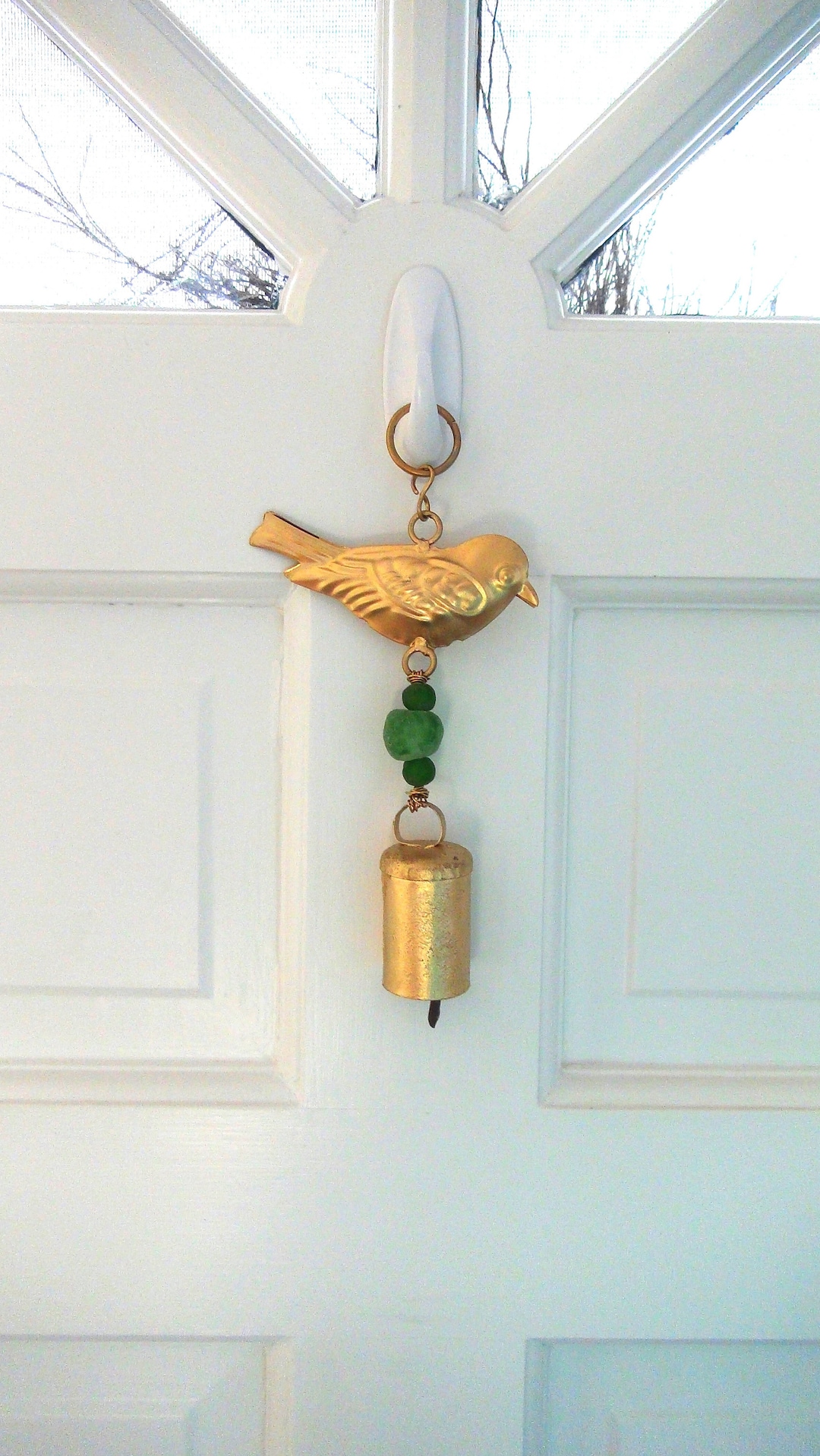 Emerald Goldfinch - Golden Finch Atop Emerald Green African Glass Beads ...