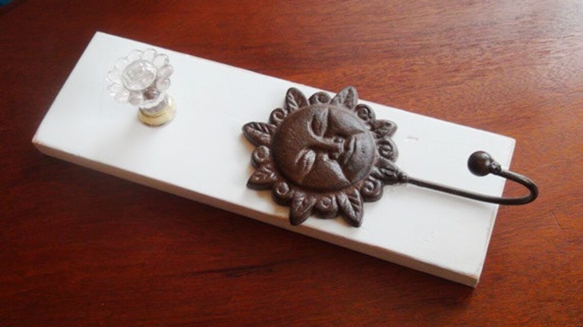 Wall Hanging of Smiling Cast Iron Sun Face With Hook & Pale Pink Glass ...