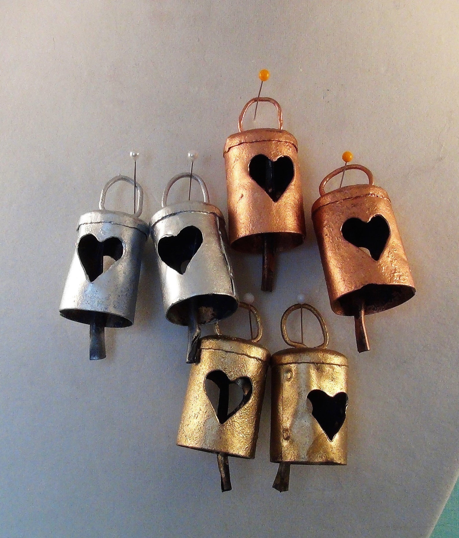 Be My Valentine Bells- Group of 6 COPPER, GOLD & SILVER Bells With ...
