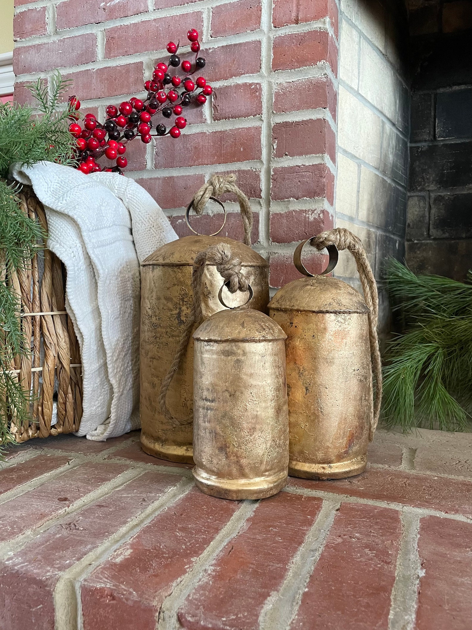 Yuletide Bells Set of 3 Large Rustic Gold Bells With Rope - Etsy