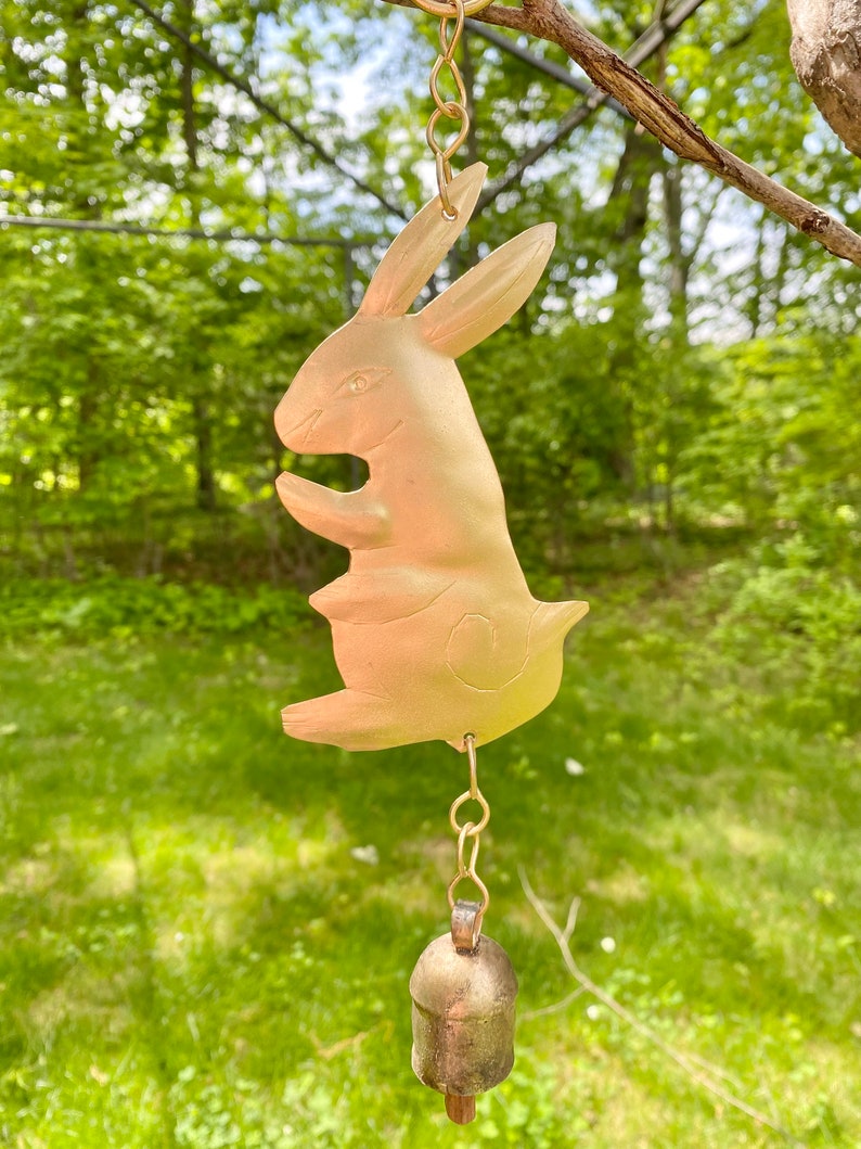 Rabbit Wind Chime With Rustic Bell - Animal Outdoor Decor for Garden ...