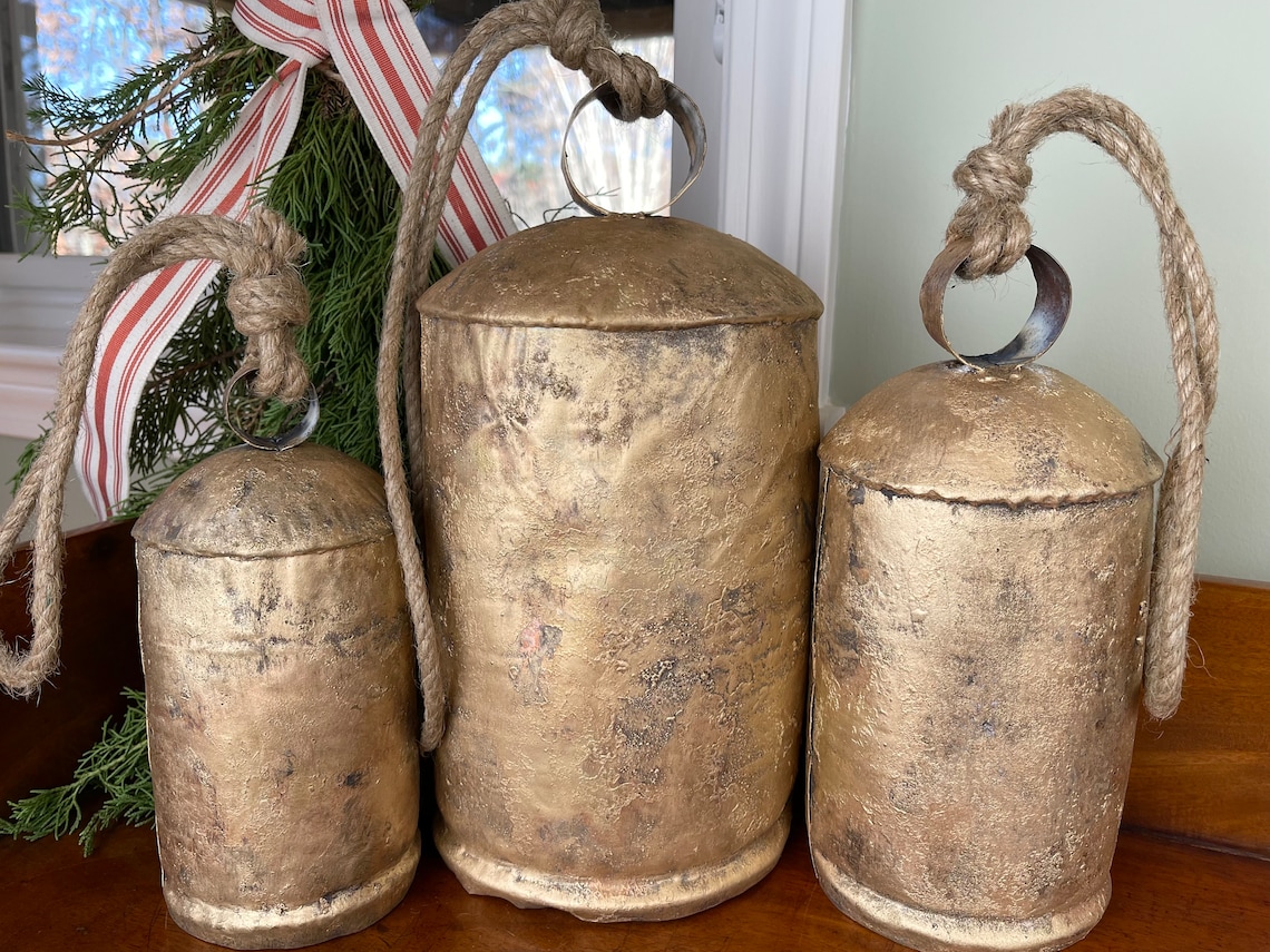 Yuletide Bells Set of 3 Large Rustic Gold Bells With Rope - Etsy