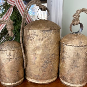Yuletide Bells - Set of 3 Large Rustic Gold Bells With Rope - Standing ...
