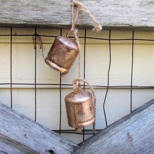 BUDDHA Bells - Two 3" Iron Rustic Bells With Wooden Clapper - Rough Hewn Gold - for Hanging ...