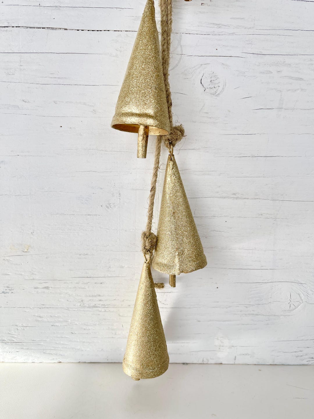 24 KARAT GOLD Sparkle Bells-set of 5 Cone Bells on Jute With a ...