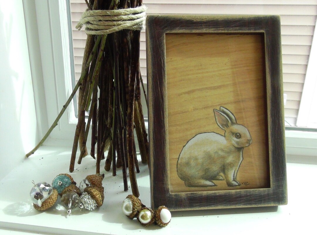 Easter Bunny Rabbit Print W/ Hand Drawn Details in Hand Painted Frame ...